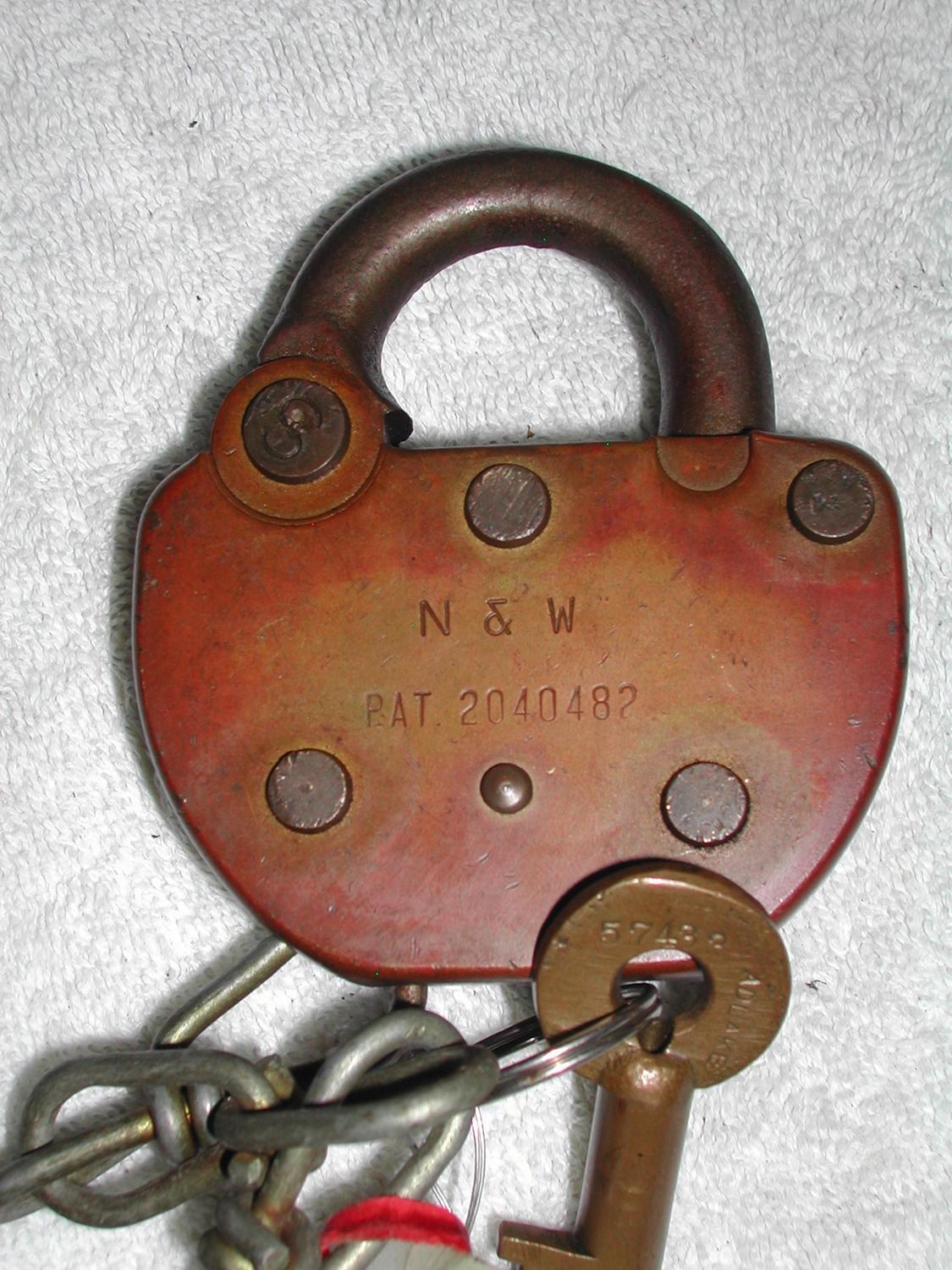 N&W RR LOCK WITH KEY, ADLAKE BRASS