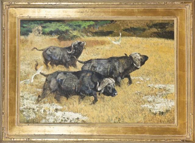 Original oil painting signed Bob Kuhn (1920 - 2007) titled Three Bulls ...