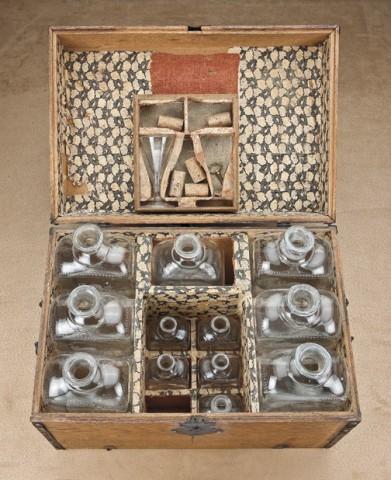 19th century Whiskey salesman’s case, containing 7 large blown-glass ...