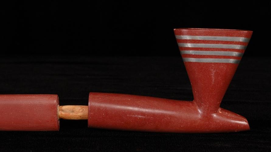 Sioux Pewter Inlaid Catlinite Pipe and Turquoise Inlaid Catlinite and Wood Pipe Stem with Quill Work