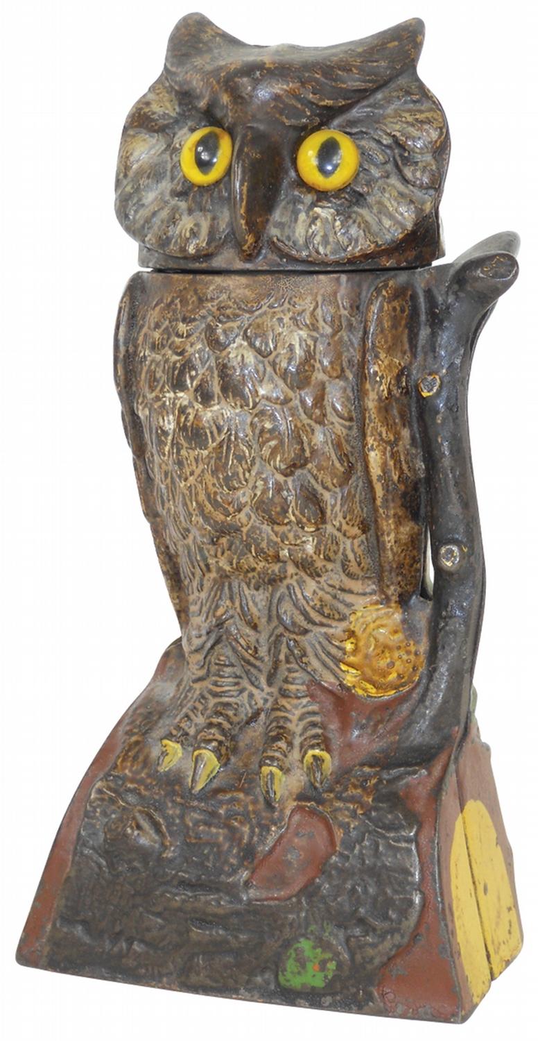 Mechanical bank, Owl Turns Head, mfgd by J&E Stevens, cast iron w/Exc ...