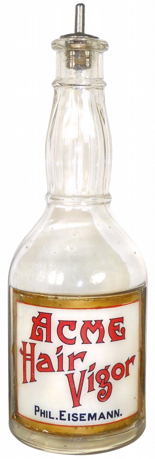 Barber bottle for Acme Hair Vigor, glass bottle w/reverse glass label ...