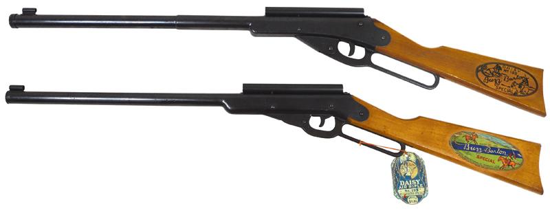 Toy BB guns (2), Daisy No. 195 Buzz Barton Specials, one w/wood-burned ...