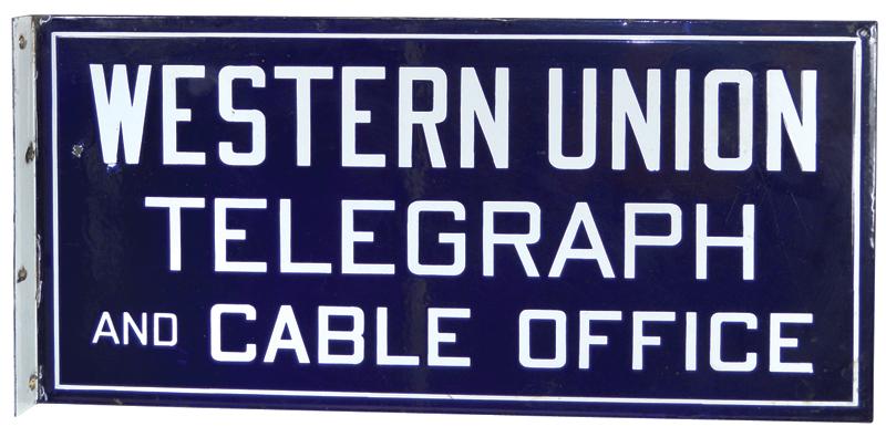 Western Union Telegraph and Cable Office porcelain 2-sided flange sign ...