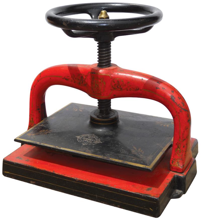 Book press, cast iron w/orig red/black paint & stenciling, "Columbia ...