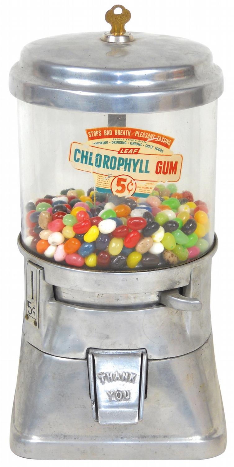 Coin-operated gum machine, 5 Cent aluminum chlorophyll gum vendor w ...