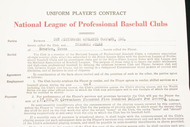 THEODORE TED "CORK" WILKS BASEBALL CONTRACT 1952