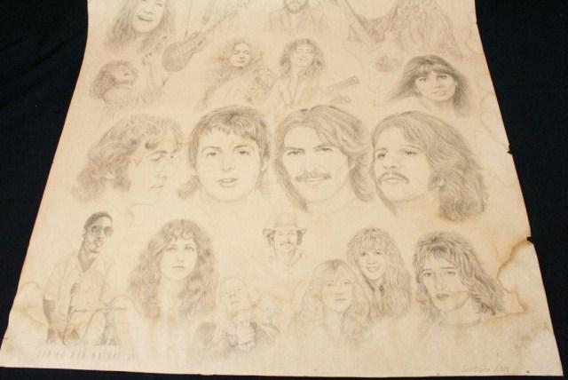 PENCIL DRAWING OF 1970s POP STARS by BARBARA HOLT
