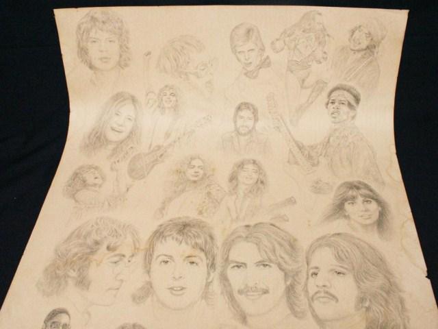 PENCIL DRAWING OF 1970s POP STARS by BARBARA HOLT