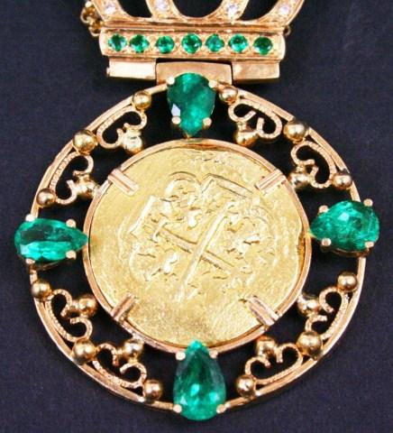 22K GOLD EMERALD AND DIAMOND BEZEL 4 ESCUDO COIN