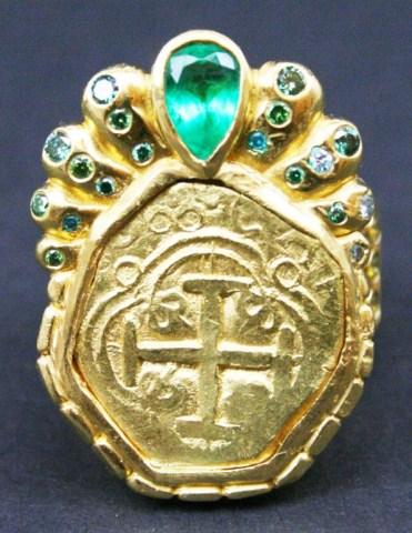 24K GOLD 1668 2 ESCUDO GOLD COIN EMERALD RING