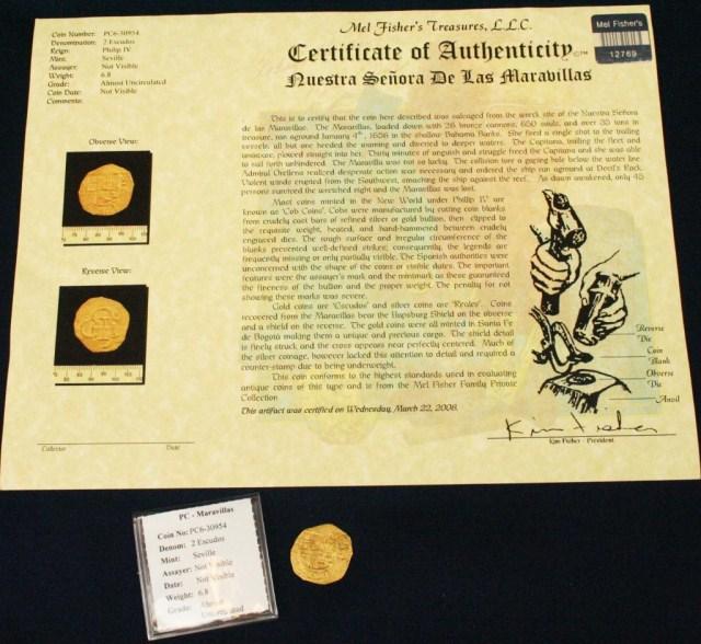 2 ESCUDOS SPANISH MARAVILLAS GOLD SHIPWRECK COIN