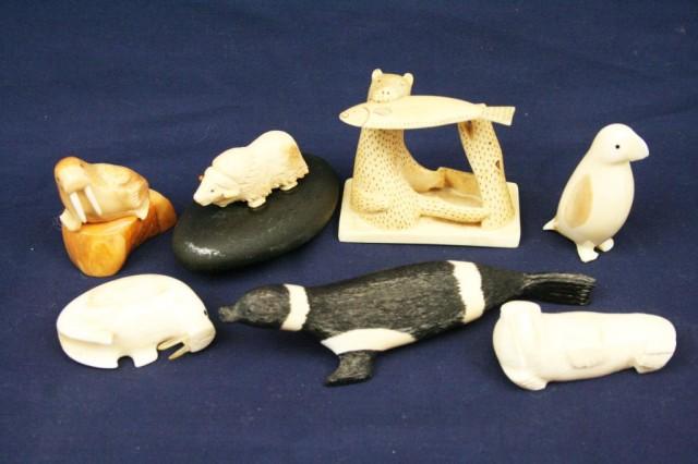 ALASKAN ESKIMO WALRUS TUSK IVORY CARVED ANIMALS