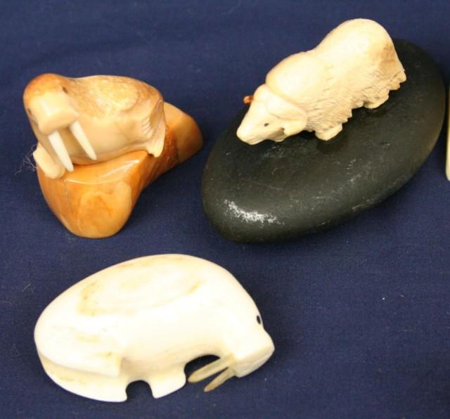 ALASKAN ESKIMO WALRUS TUSK IVORY CARVED ANIMALS
