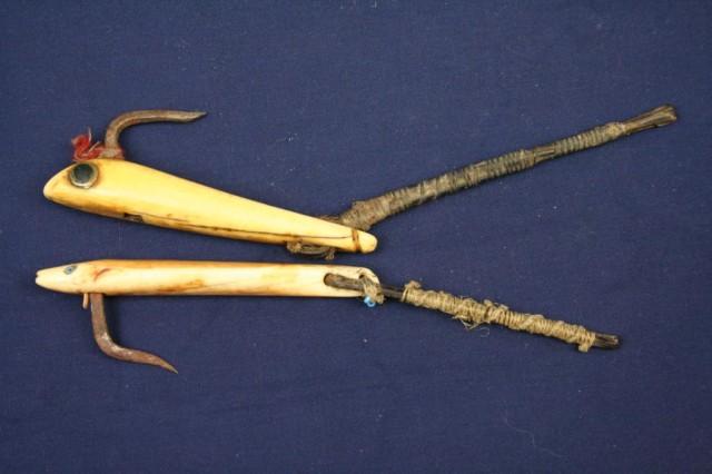 TWO ALASKAN WALRUS IVORY FISHING LURES / HOOKS