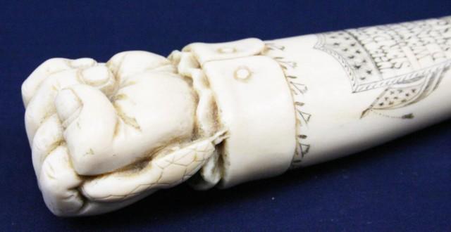 SCRIMSHAW WALRUS TUSK IVORY FIST CARVING - SERPENT