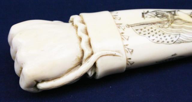 SCRIMSHAW WALRUS TUSK IVORY FIST CARVING - SERPENT