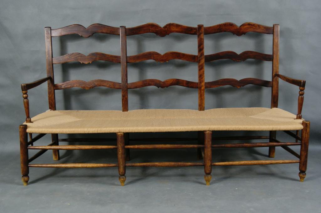 Antique French ladder back rush seat bench