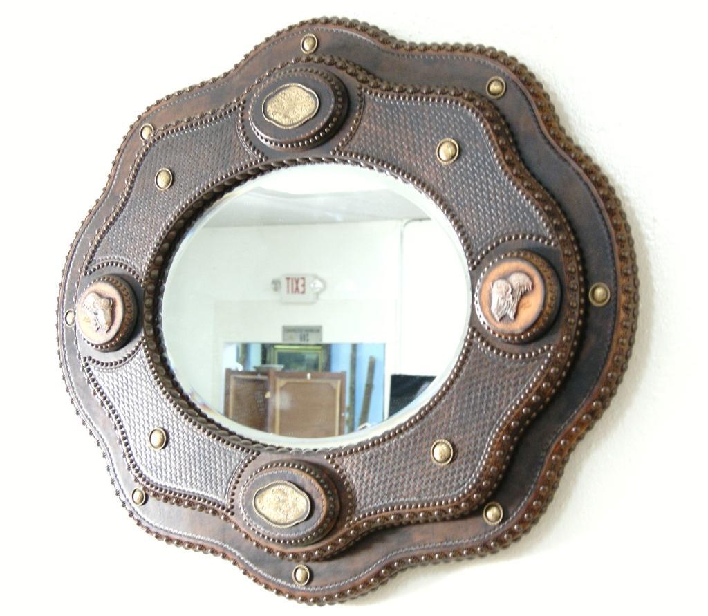 Western Mirror - hand tooled leather and buckles and Buffalo art