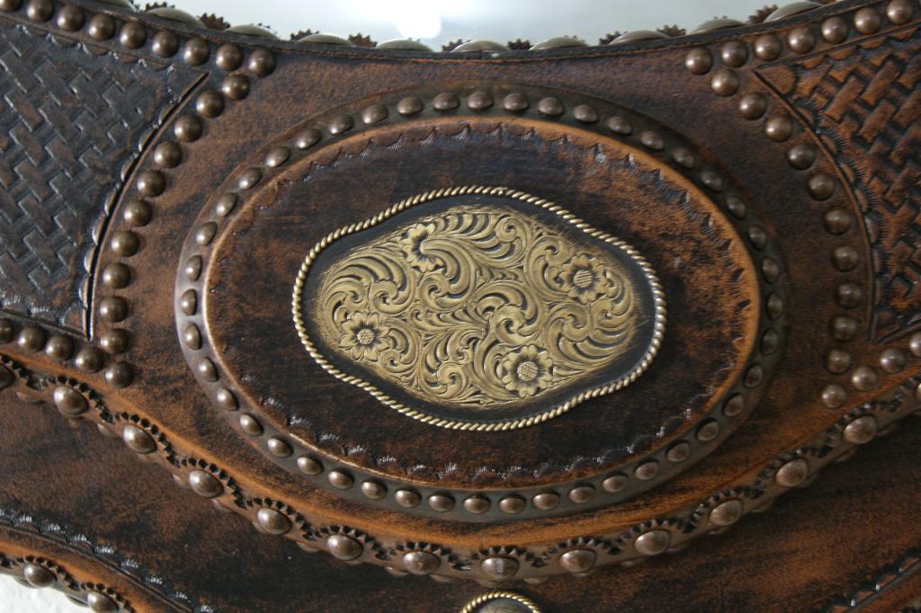 Western Mirror - hand tooled leather and buckles and Buffalo art