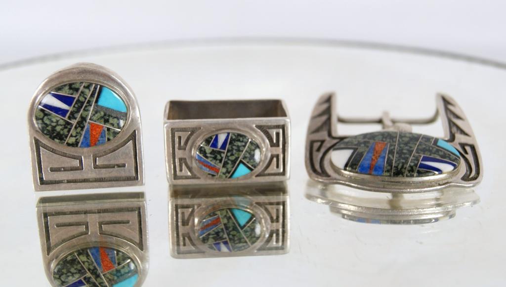 Calvin Begay 3pc Buckle set w silver & turquoise Calvin Begay is an ...