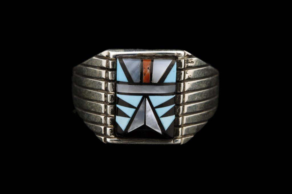 Men's Zuni Sterling Ring With inlaid Mother of Pearl, turquoise, onyx ...