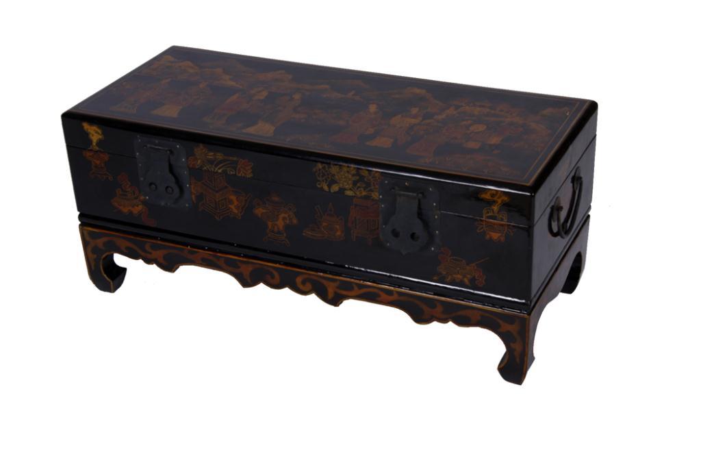 Black Lacquer Chinese Storage Box on Stand inlaid and hand painted ...