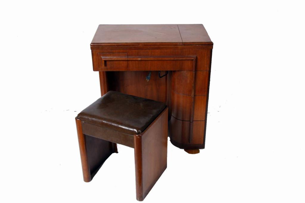 Walnut Cased Art Deco Singer Sewing Machine Matching stool, attachments ...