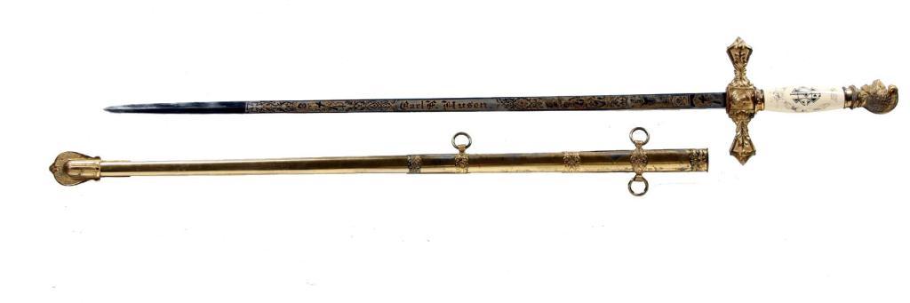 N C Lilley Knights of Columbus Sword Fancy gold gilt mounts, enameled ...