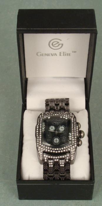 Geneva Elite Mens Floating Faux Diamonds Chrono Watch