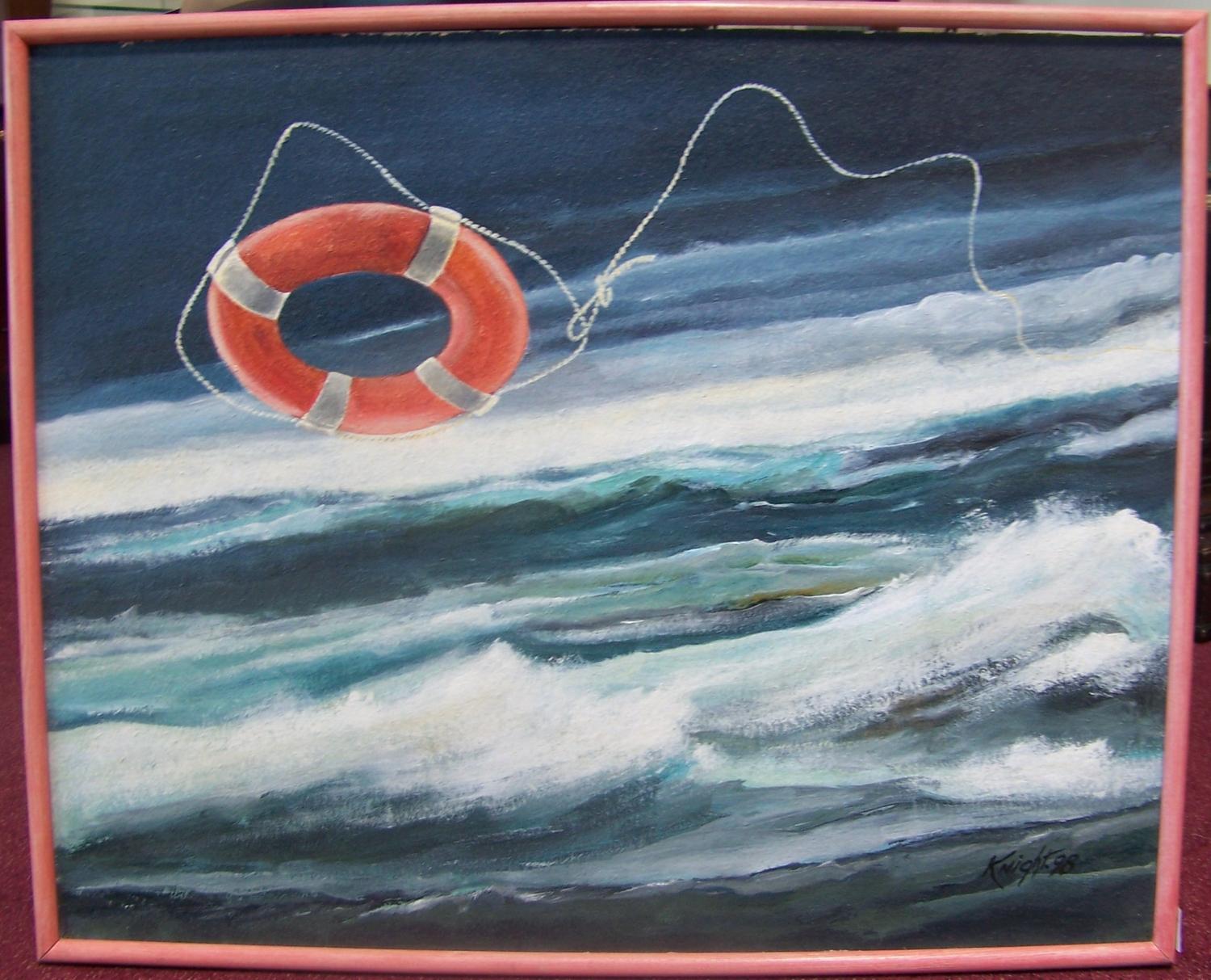 Roland Knight A Raft at sea. Oil on board framed painting