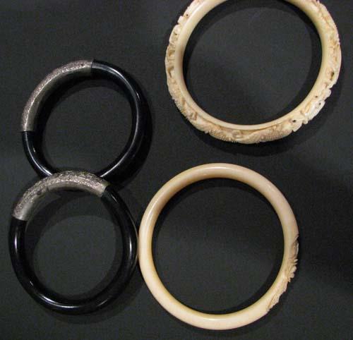 4 Antique Carved Ivory and Wood Bangle Bracelets