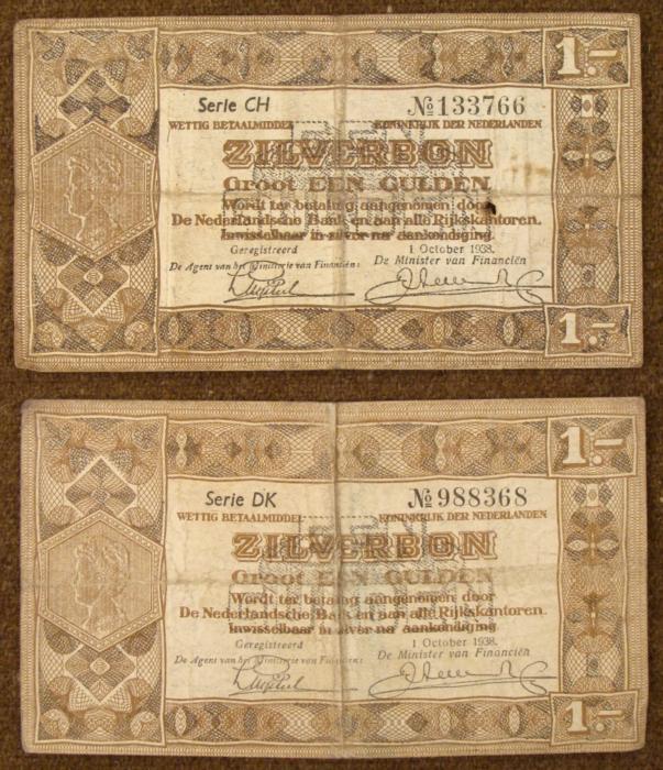 1938 DUTCH/NETHERLANDS WWII ERA (2) ONE GULDEN NOTES