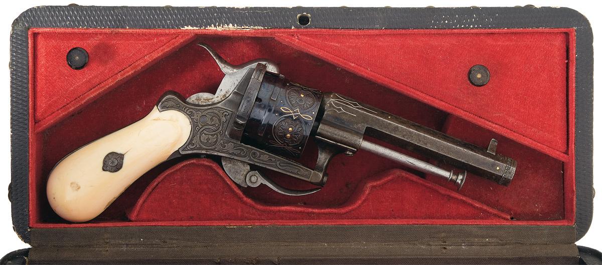 Cased Engraved Silver and Gold Inlaid European Pinfire Revolver with ...