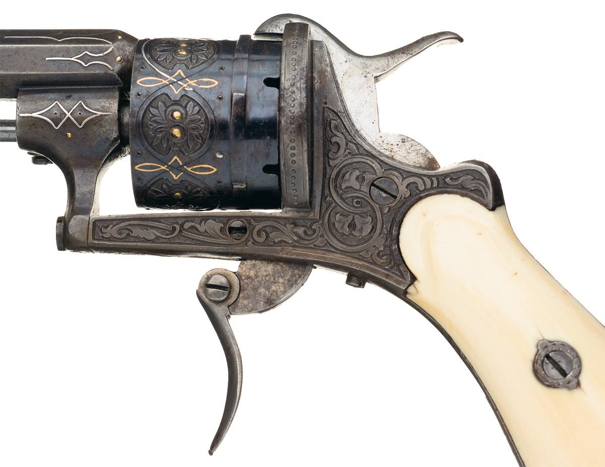 Cased Engraved Silver and Gold Inlaid European Pinfire Revolver with ...