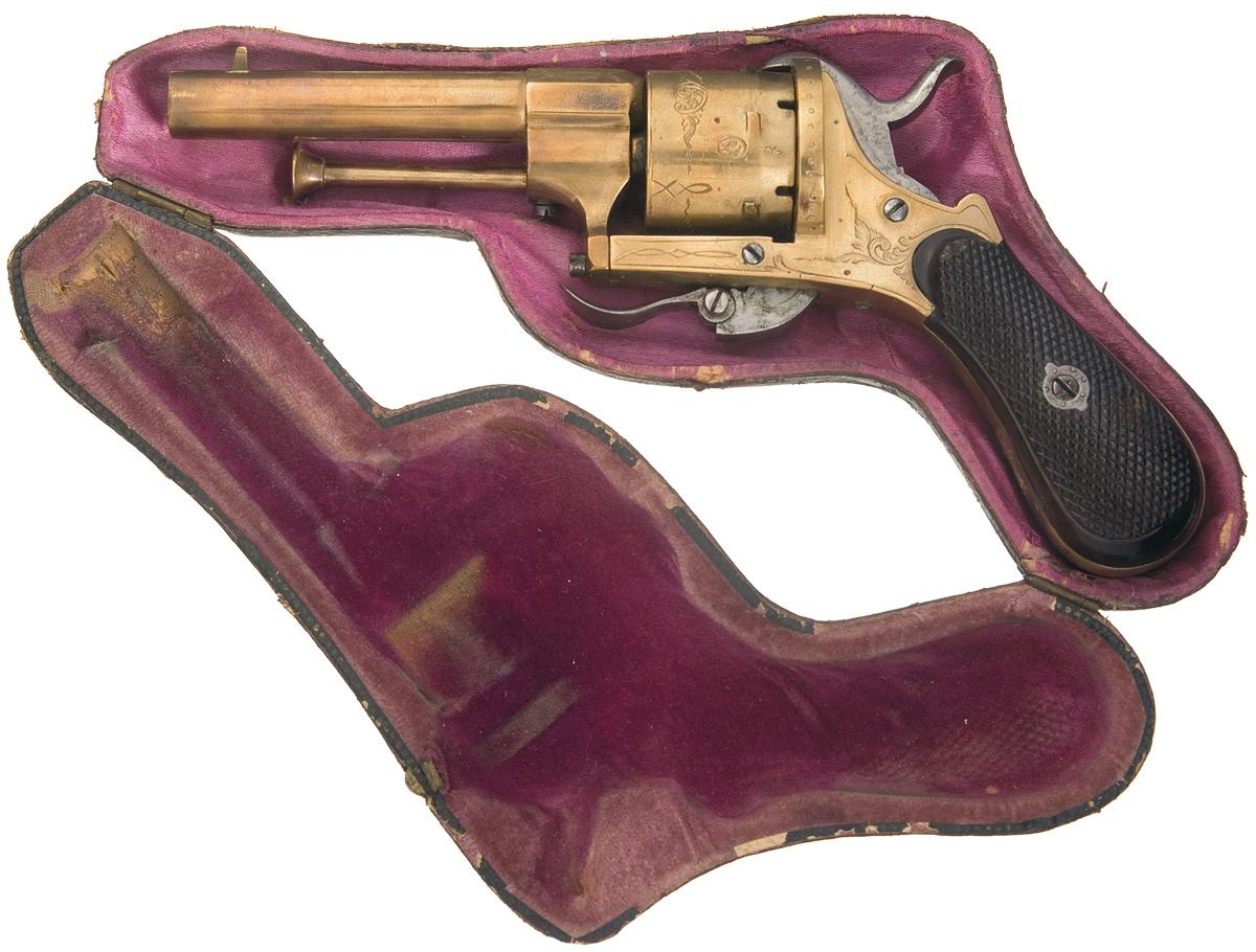 Engraved European Brass Pinfire Revolver with Fitted Leather Pipe Case