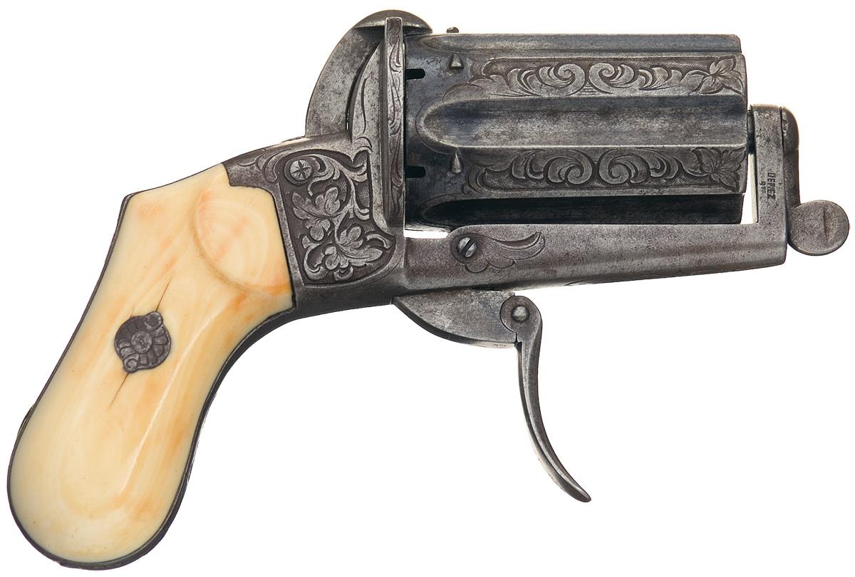 Engraved French Pinfire Pepperbox with Ivory Grips