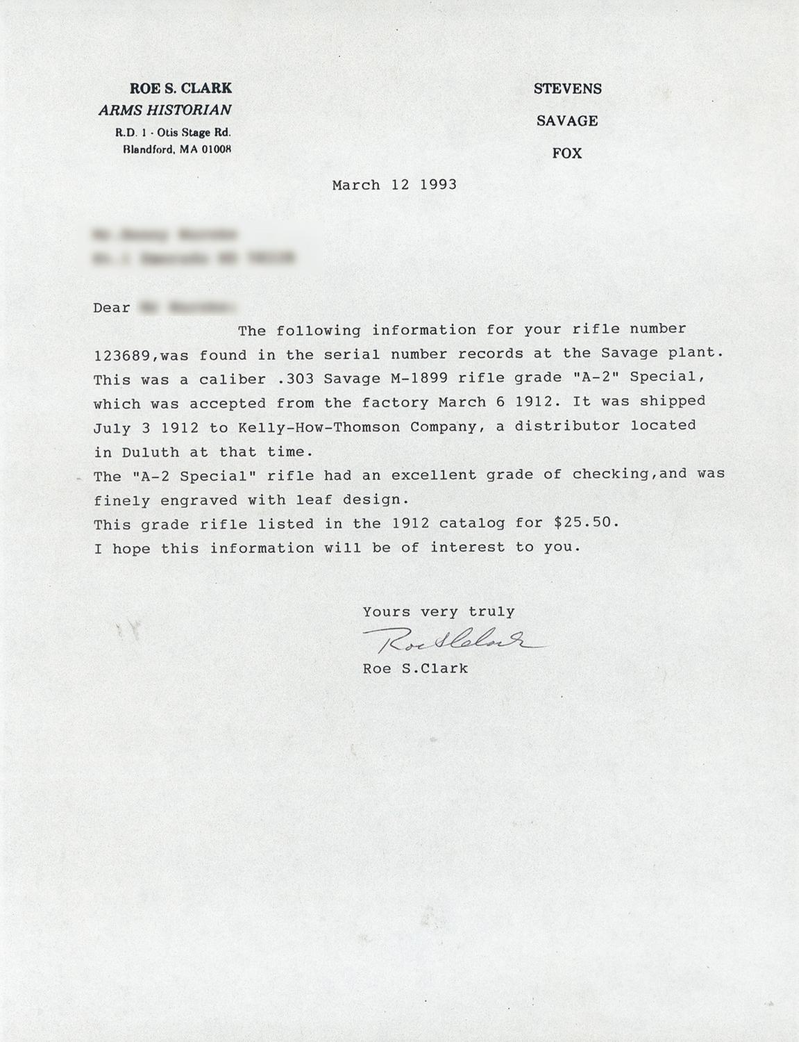 Factory Engraved Savage Model 1899-A Lever Action Rifle with Roe Clark ...