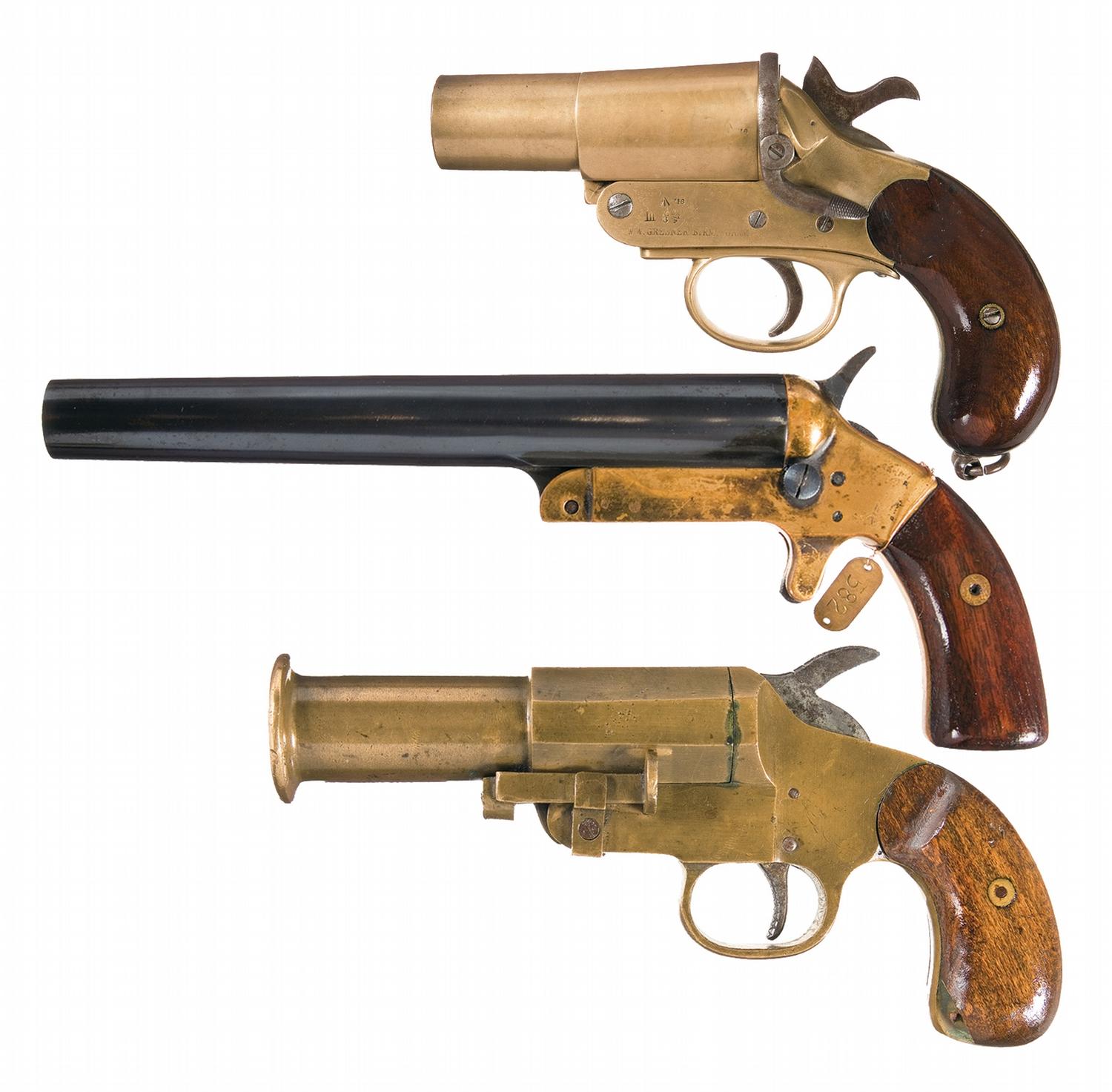 Three Signal Pistols A) Cased W.W. Greener Birmingham Mark III Signal ...