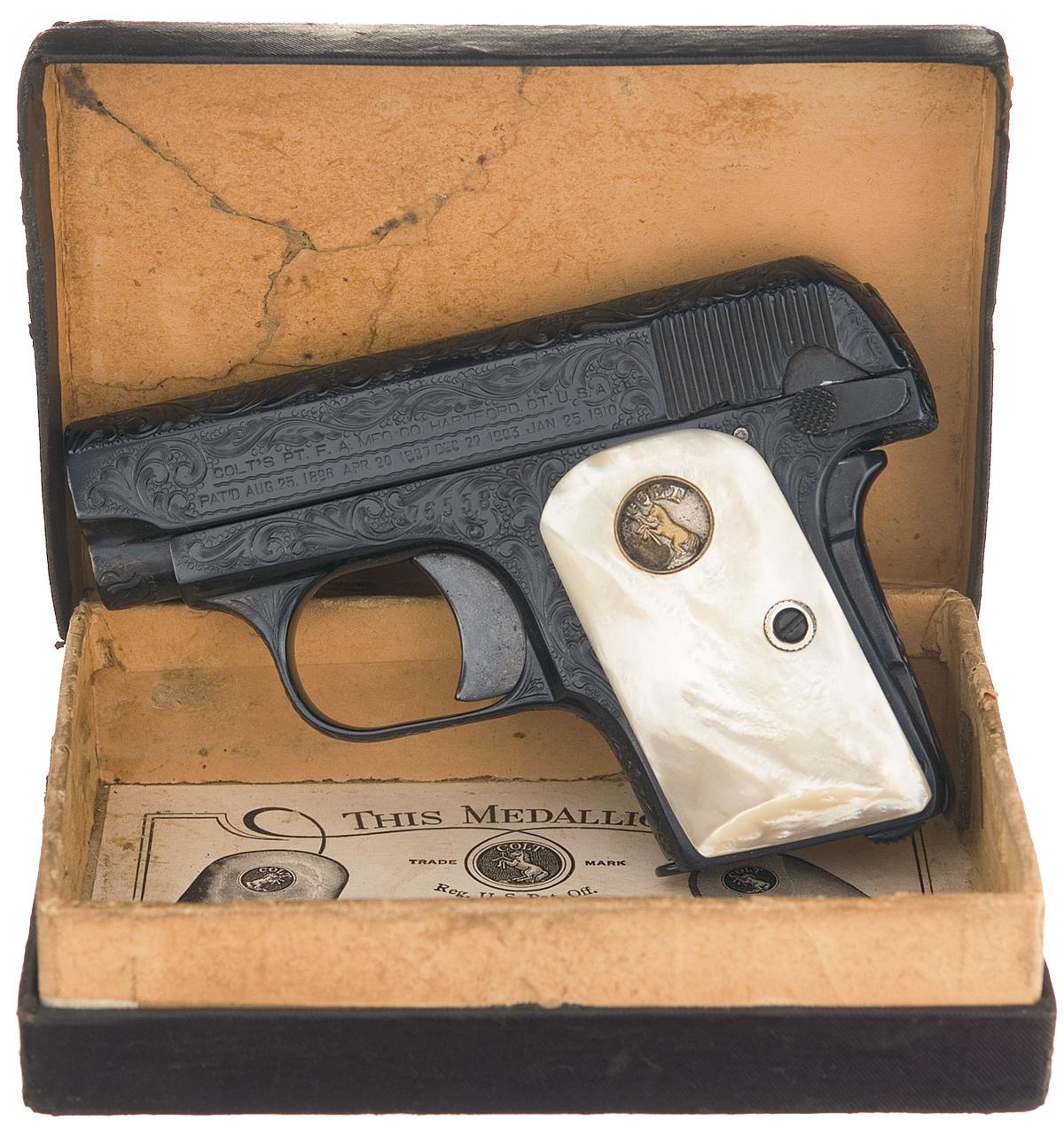 Custom Engraved Colt Model 1908 Hammerless Pocket Pistol with Pearl ...
