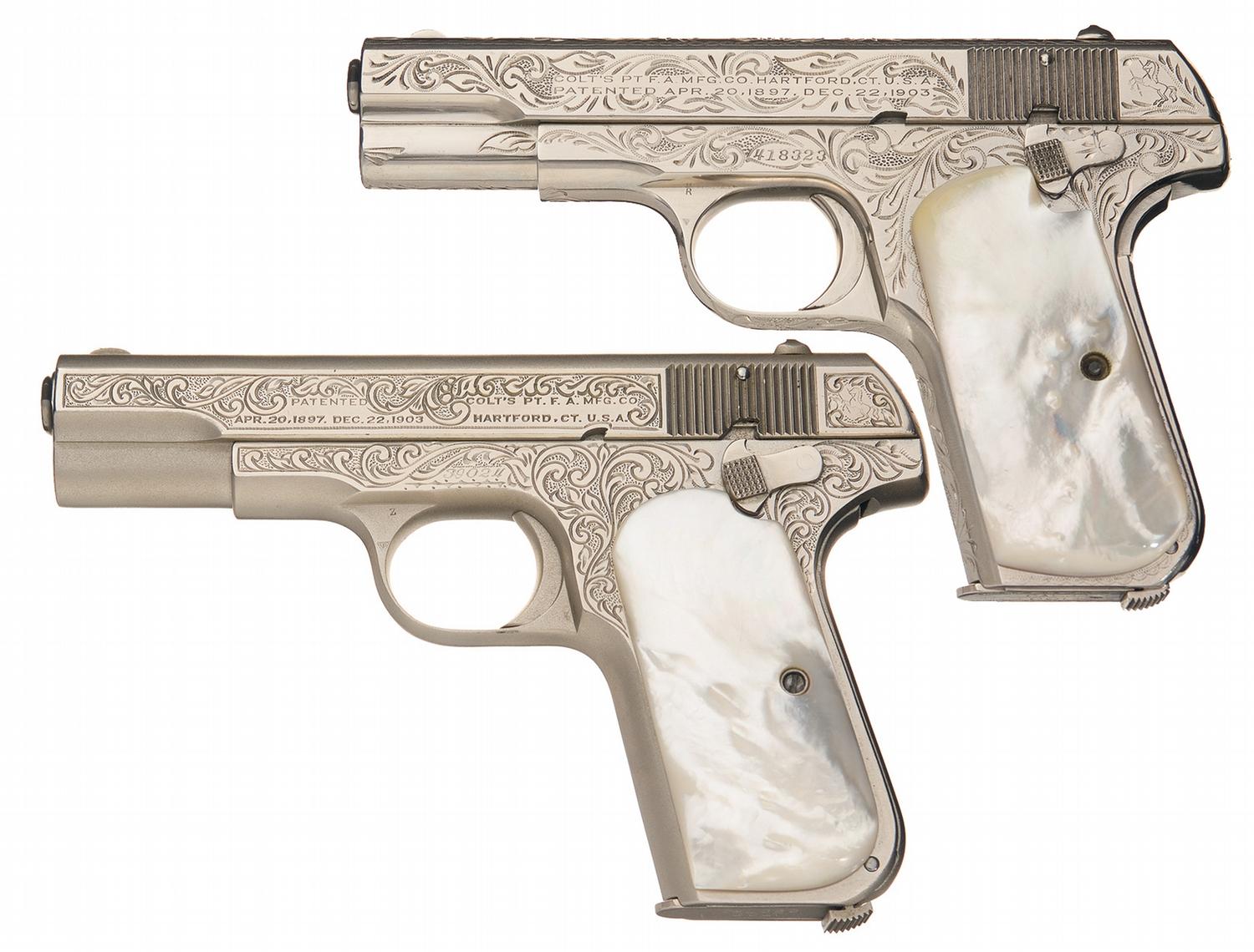 Custom Engraved Set of Colt Hammerless Pocket Pistols with Pearl Grips ...