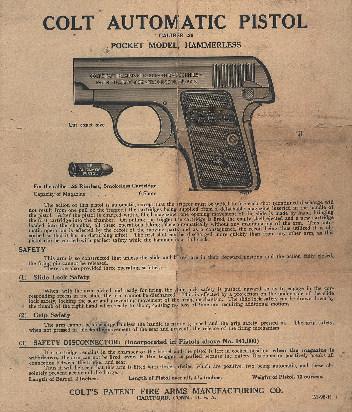 Excellent Colt Model 1908 Hammerless 25 Caliber Semi-Automatic Pistol ...
