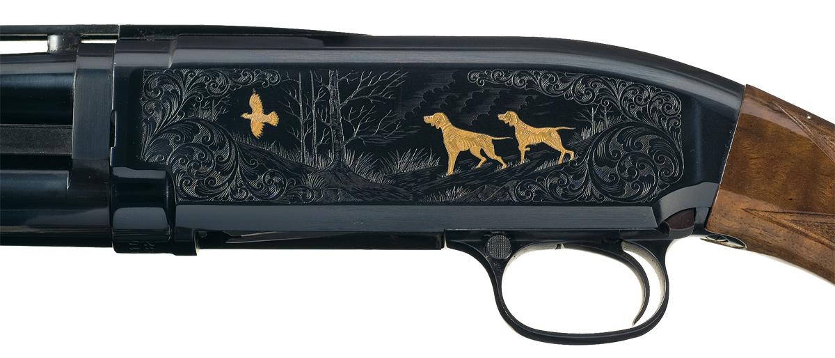 Engraved Gold Browning Model 12 Slide Action 20 Gauge Shotgun