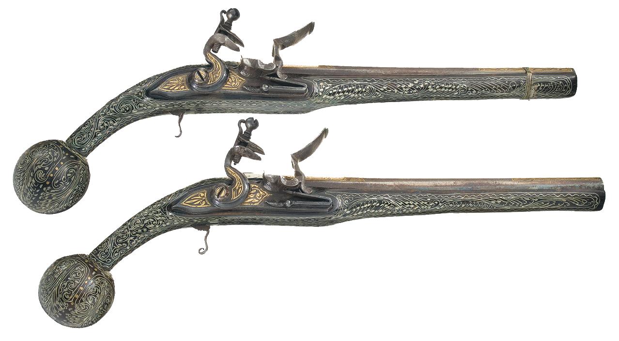 Pair of Elaborately Decorated Gold Overlaid Mediterranean Flintlock ...