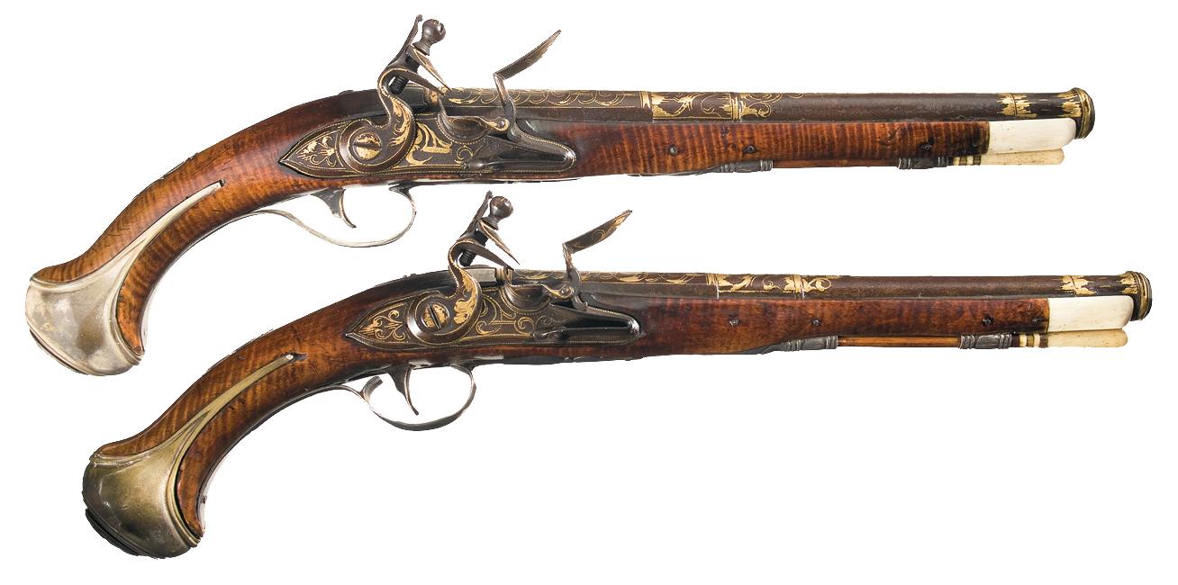 Pair of Elaborate Gold Chased 18th Century Flintlock Pistols A) 18th ...