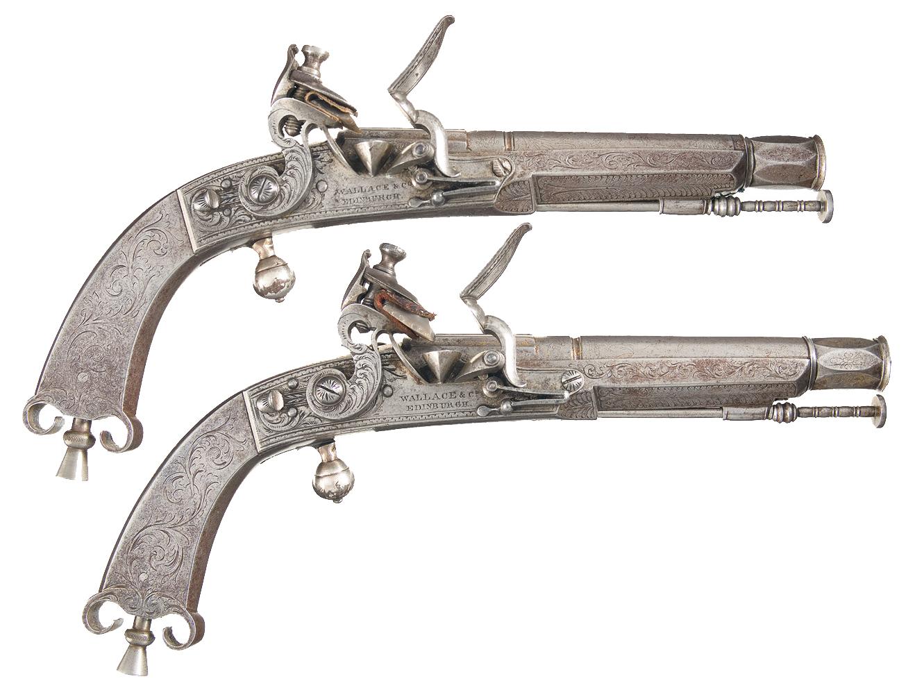 Rare Matched Pair of Finely Engraved Scottish All Metal Flintlock ...