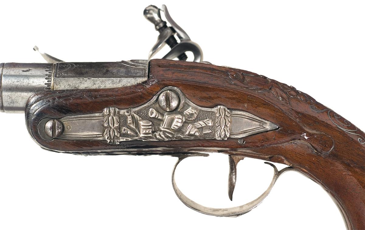 Engraved French Flintlock Pocket Pistol with Silver Furniture and Wire ...