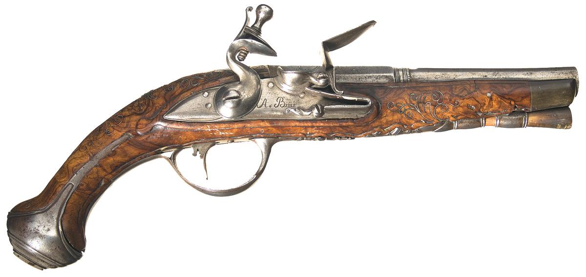 Silver Inlaid A. Bini Marked Flintlock Pistol with Fancy Silver Inlay Stock