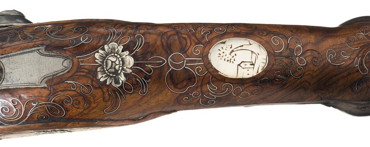 Silver Inlaid A. Bini Marked Flintlock Pistol with Fancy Silver Inlay Stock