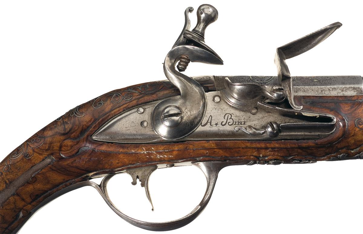 Silver Inlaid A. Bini Marked Flintlock Pistol with Fancy Silver Inlay Stock